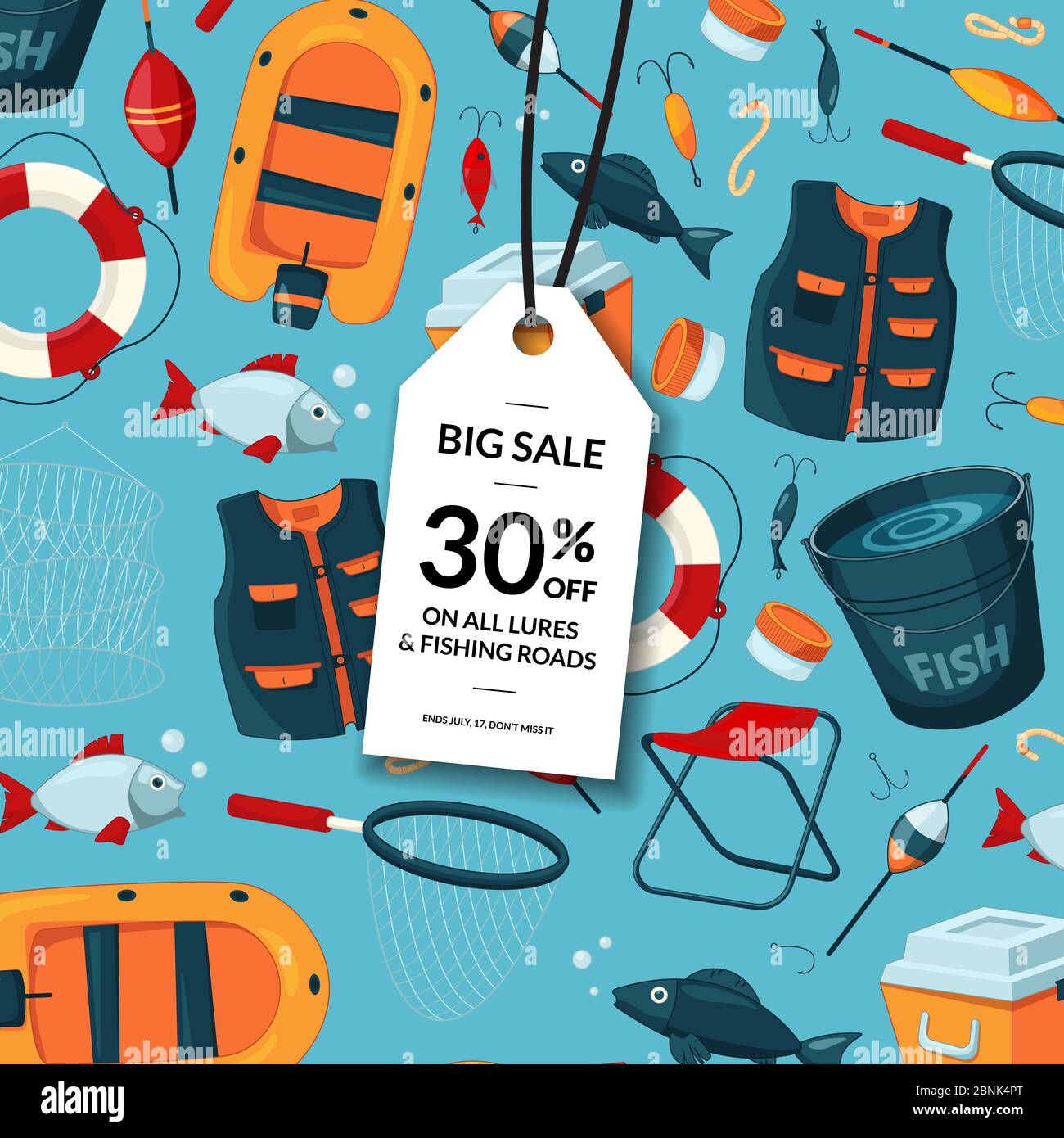 Vector sale background with cartoon fishing equipment Stock Vector ...