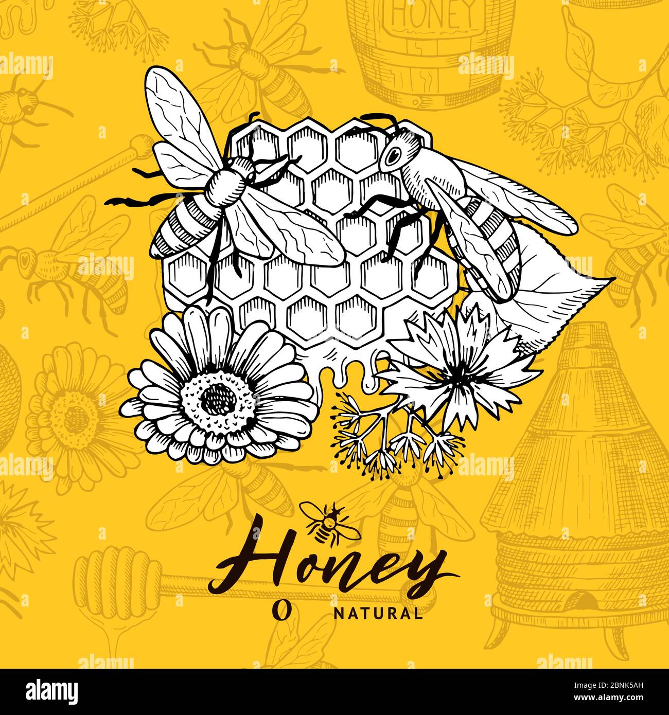 Vector background with sketched contoured honey theme elements and ...