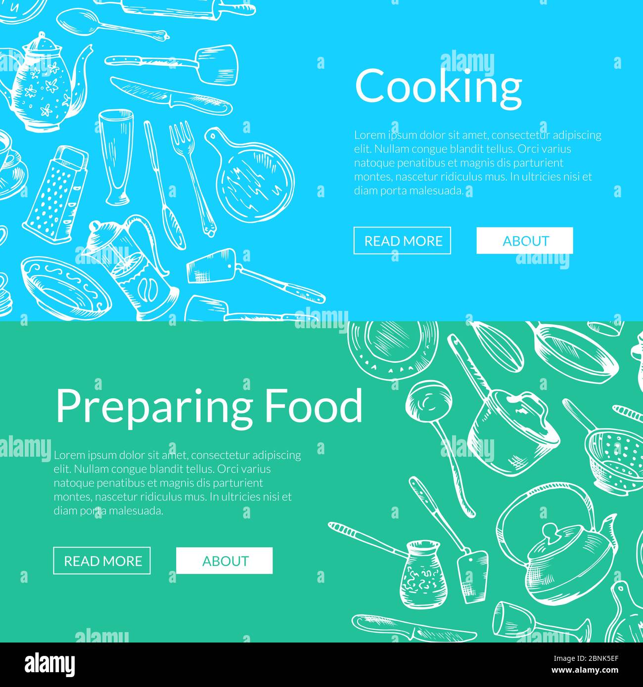 Vector banners illustration with hand drawn kitchen utensils Stock ...