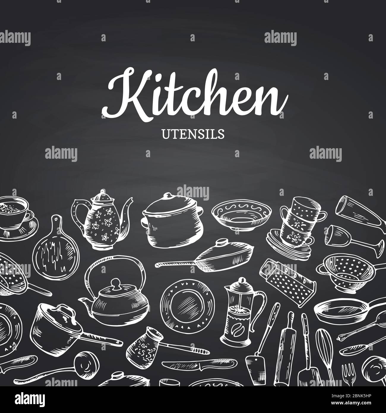 Vector background on black chalkboard illustration with kitchen ...