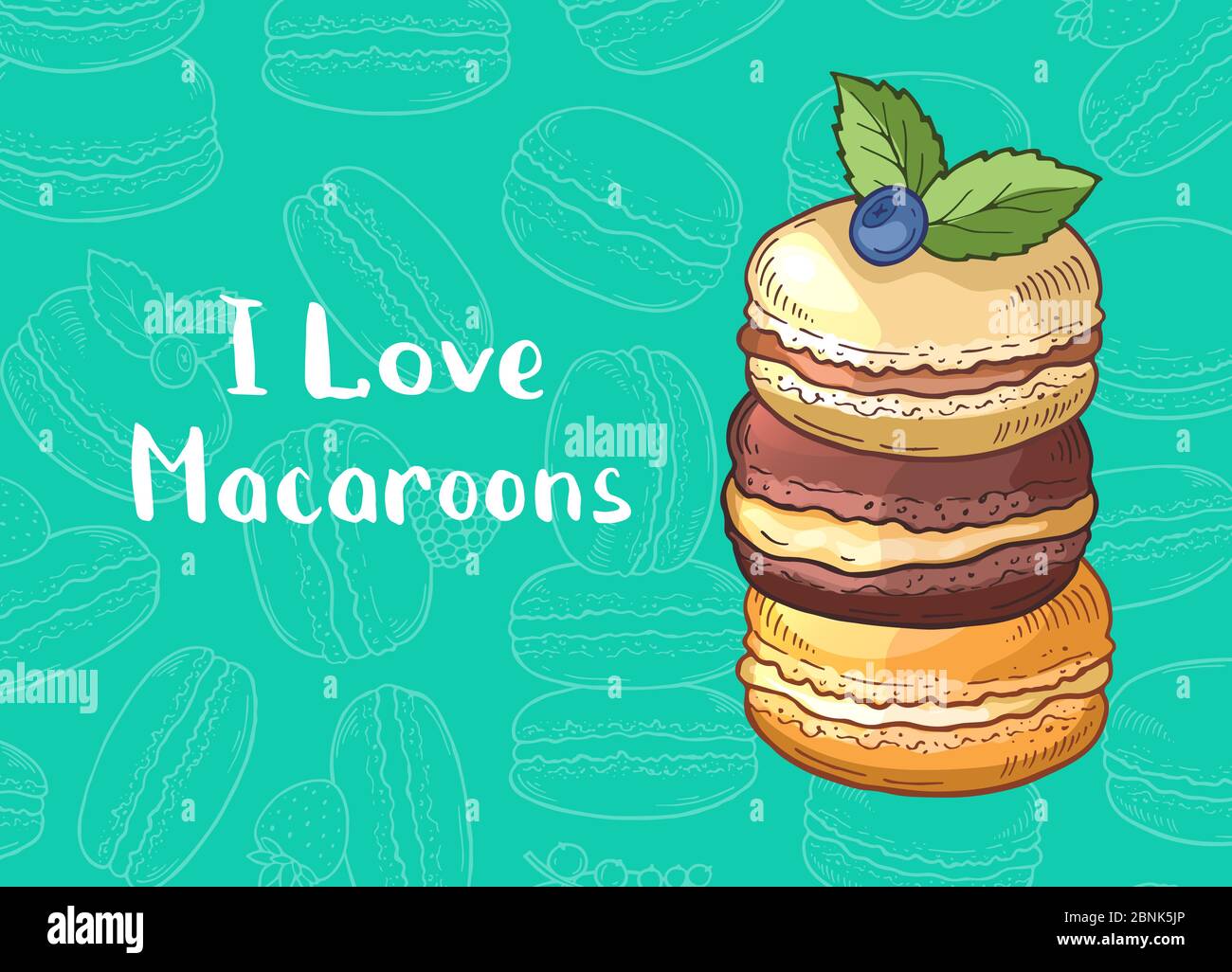 Vector background with colored hand drawn macaroons and place for text ...