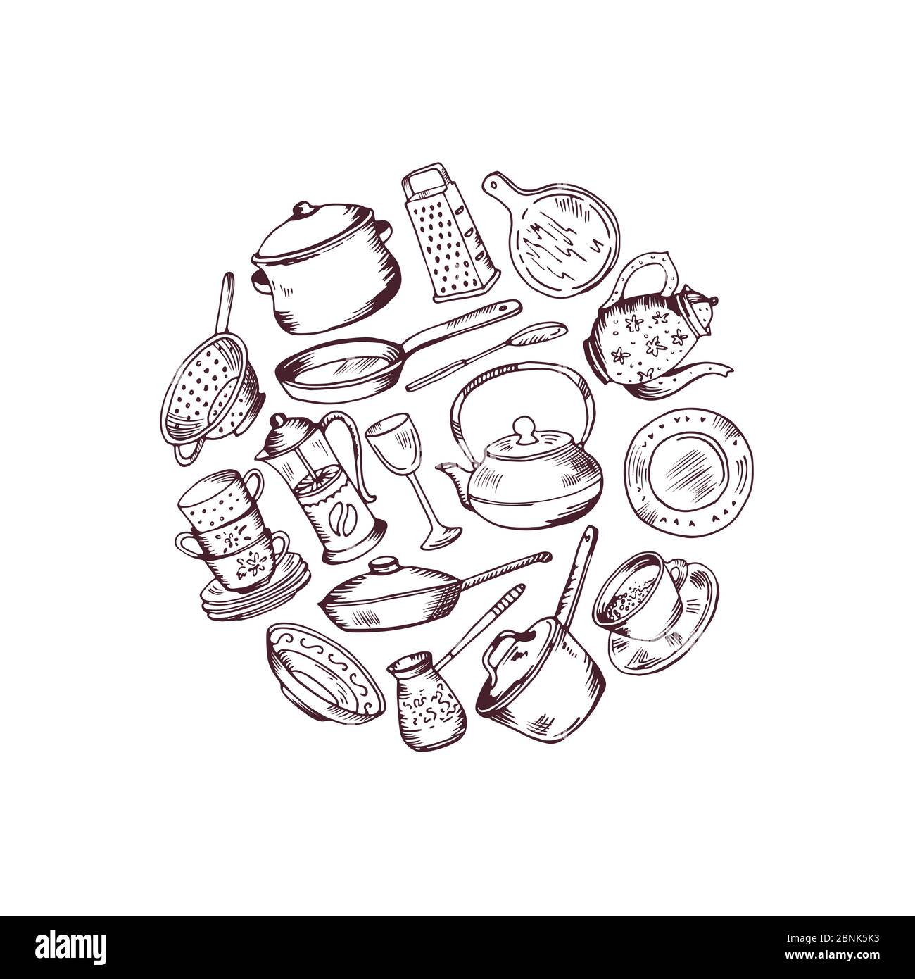 Vector hand drawn kitchen utensils in circle illustration Stock Vector ...