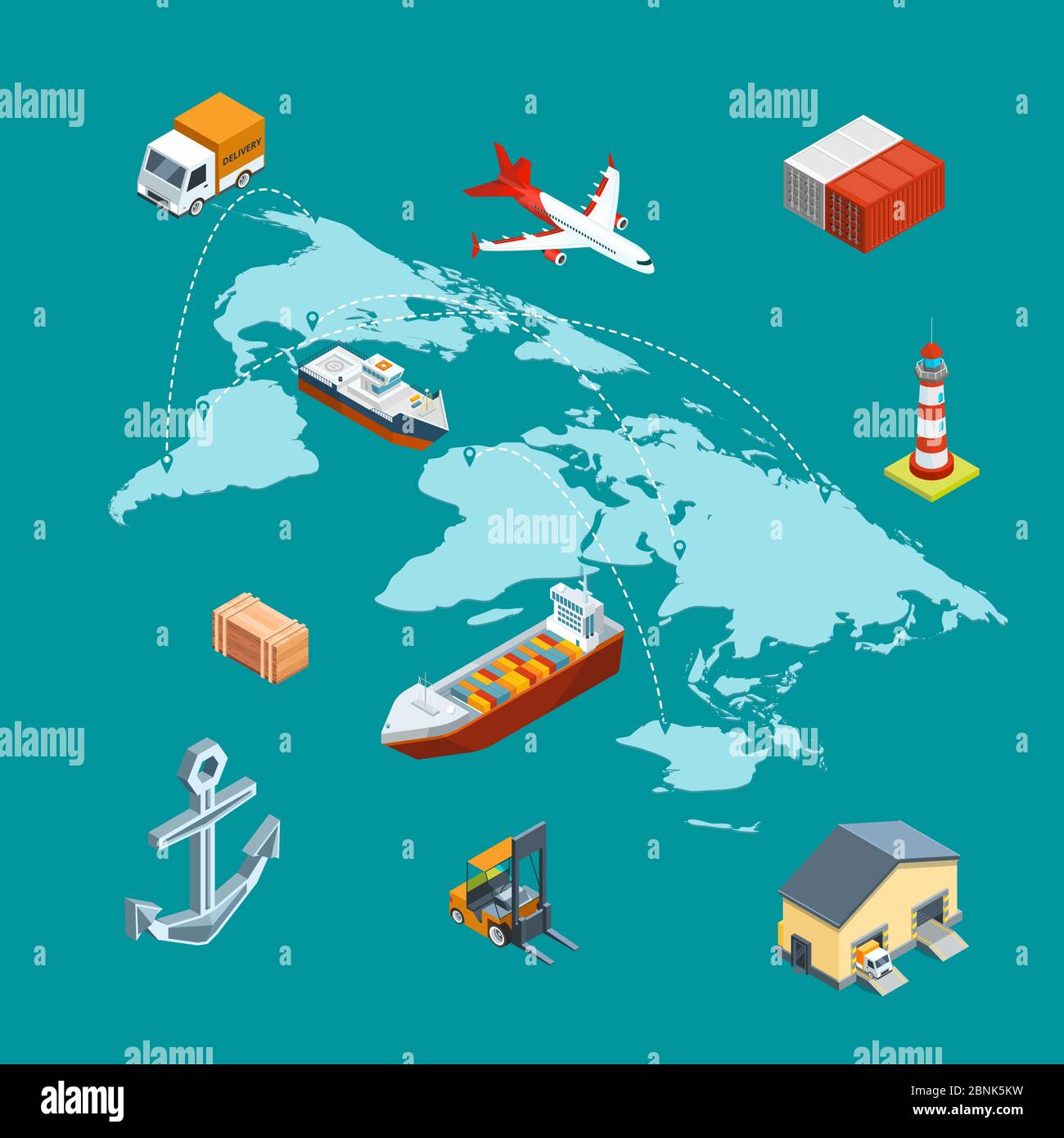 Vector isometric marine logistics and worldwide shipping on world map ...