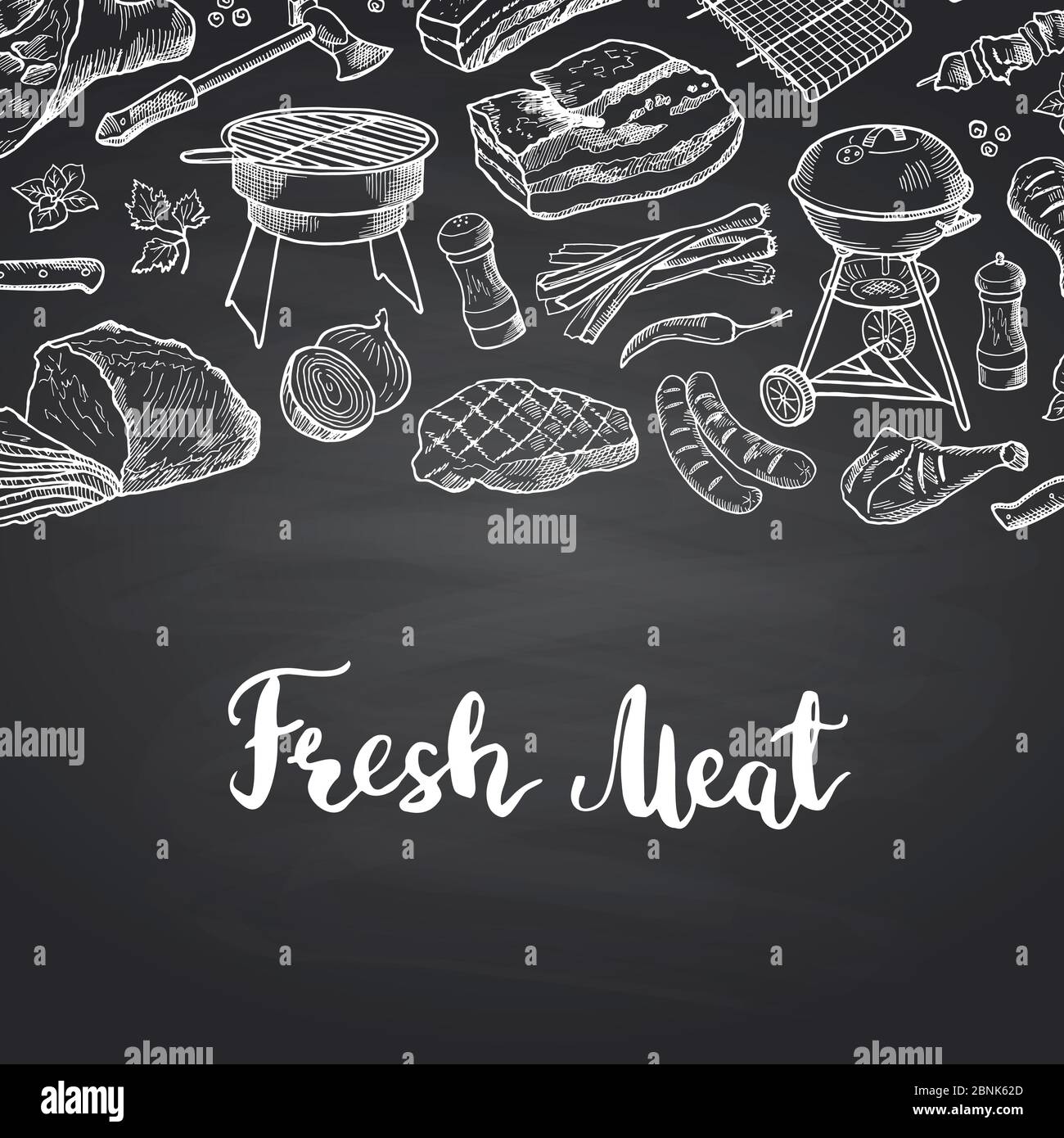 Vector hand drawn meat elements on black chalkboard illustration with ...