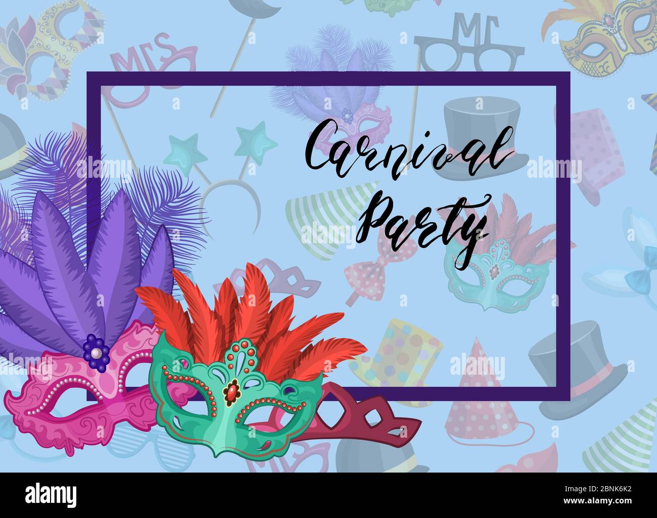 Vector carnival masks in frame with party accessories background Stock ...