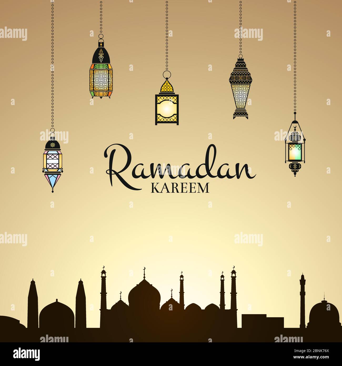 Vector Ramadan illustration with lanterns and arabic city silhouette ...
