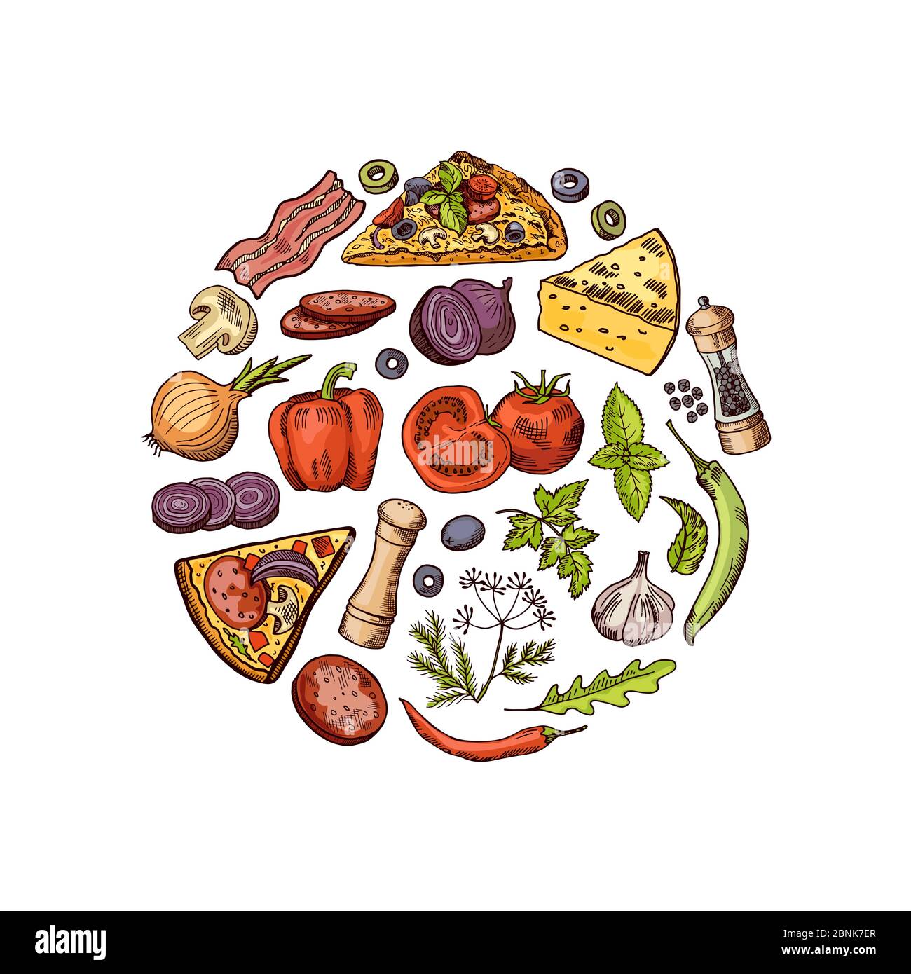 Vector sketched and colored italian pizza elements circle concept Stock ...