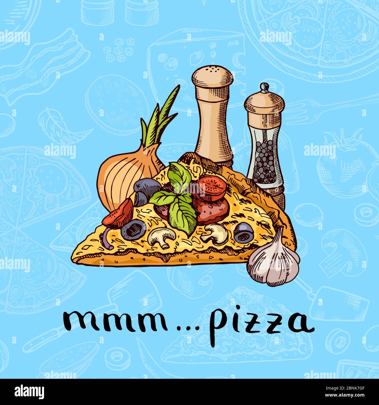 Vector colored hand drawn pizza, spices, onion and garlic pile with ...