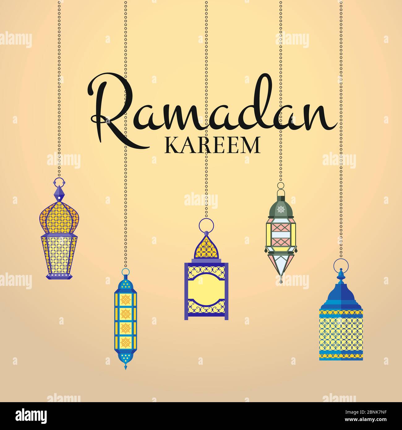 Vector Ramadan illustration with haning lanterns and arabic city ...