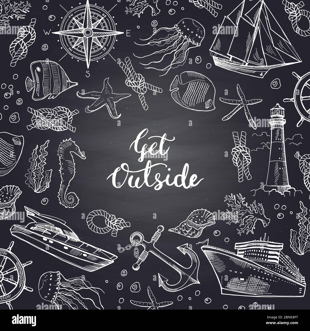 Vector sketched sea elements on chalkboard background with place for ...