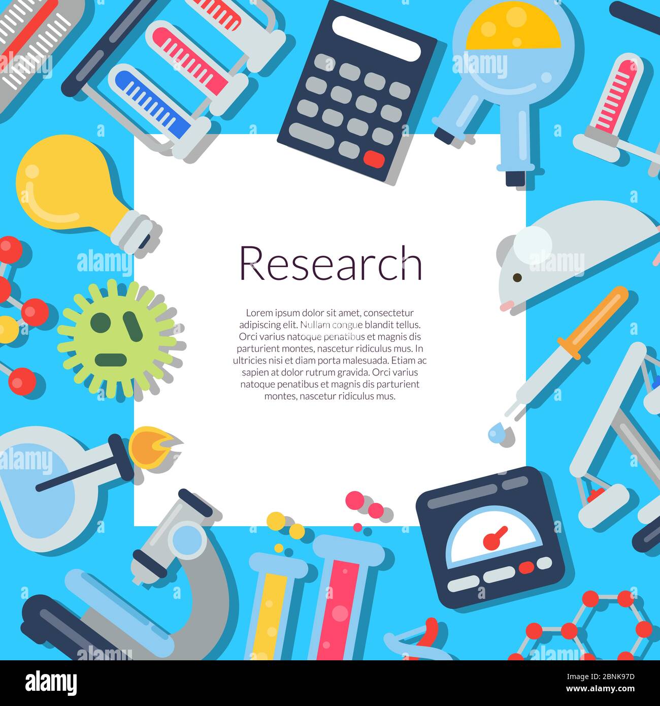 Vector flat style science icons background with white rectangle with ...