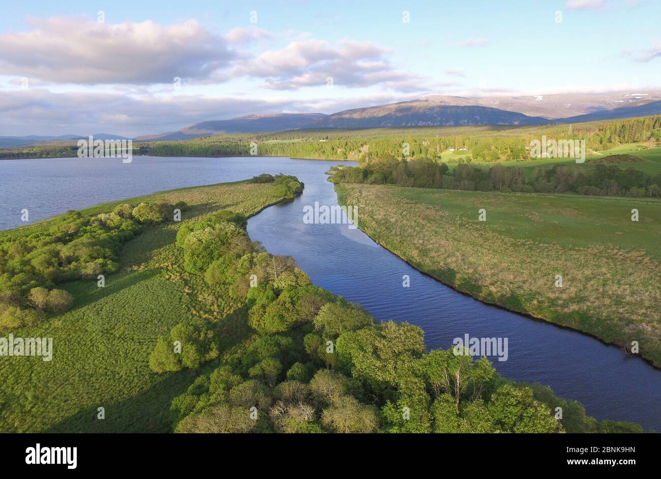 Aerial view over Insh Marshes National Nature Reserve, Cairngorms ...