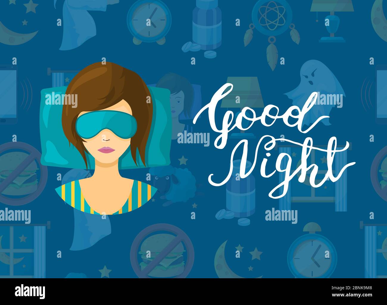 Vector with cartoon sleep elements, sleeping woman person Stock Vector ...