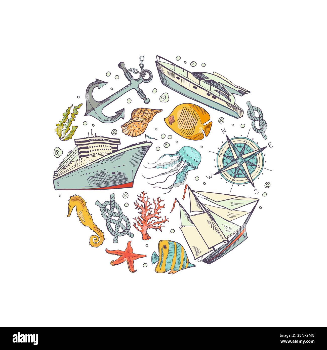 Vector sketched sea elements circle concept illustration Stock Vector ...