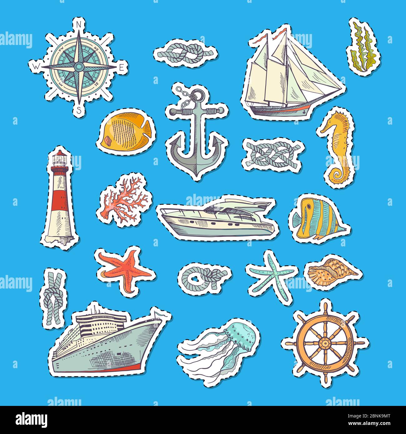 Vector colorful sketched sea elements stickers Stock Vector Image & Art ...