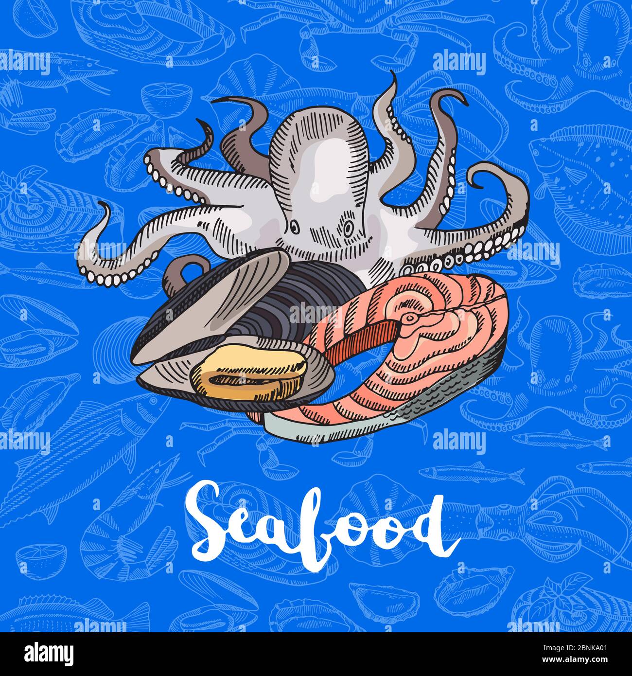 Vector hand drawn colored seafood elements lettering Stock Vector Image ...