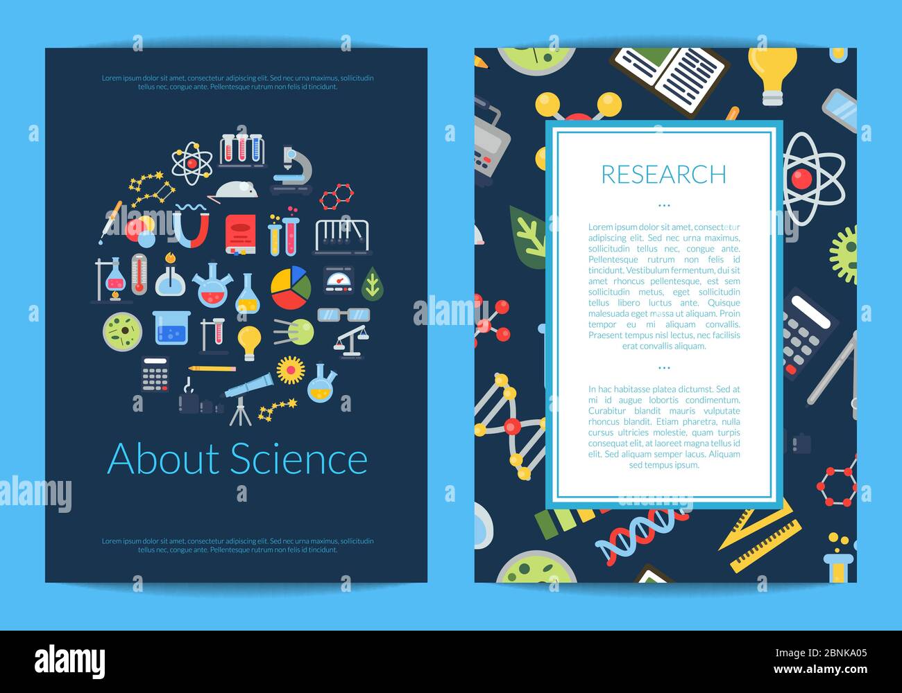 Vector card or flyer template with flat style science icons and place ...