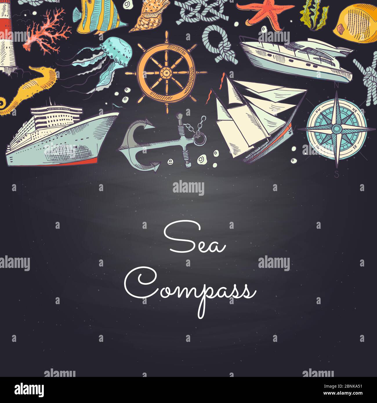 Vector sketched sea elements in color background with place for text ...