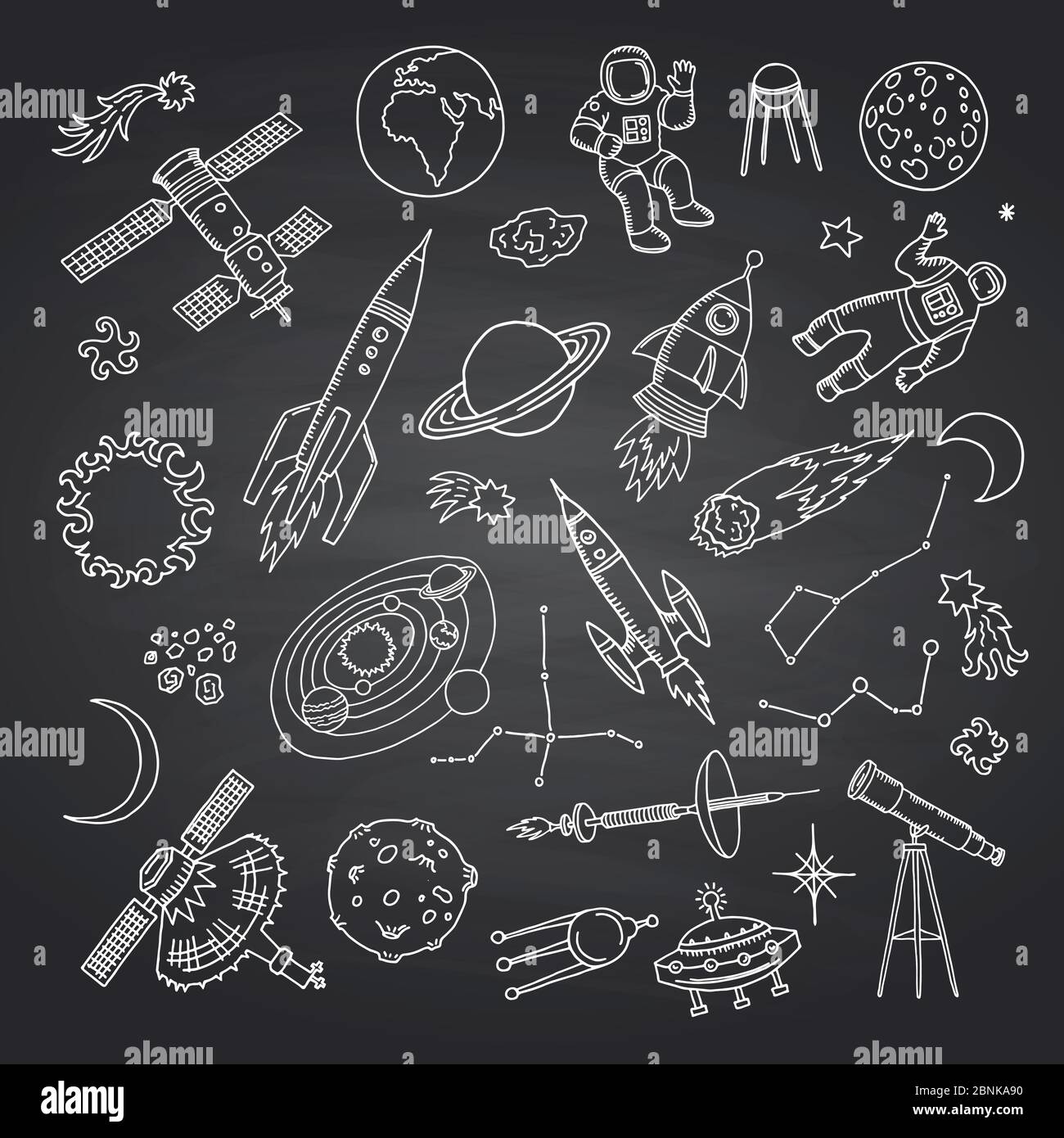 Vector hand drawn space elements on black chalkboard illustration Stock ...