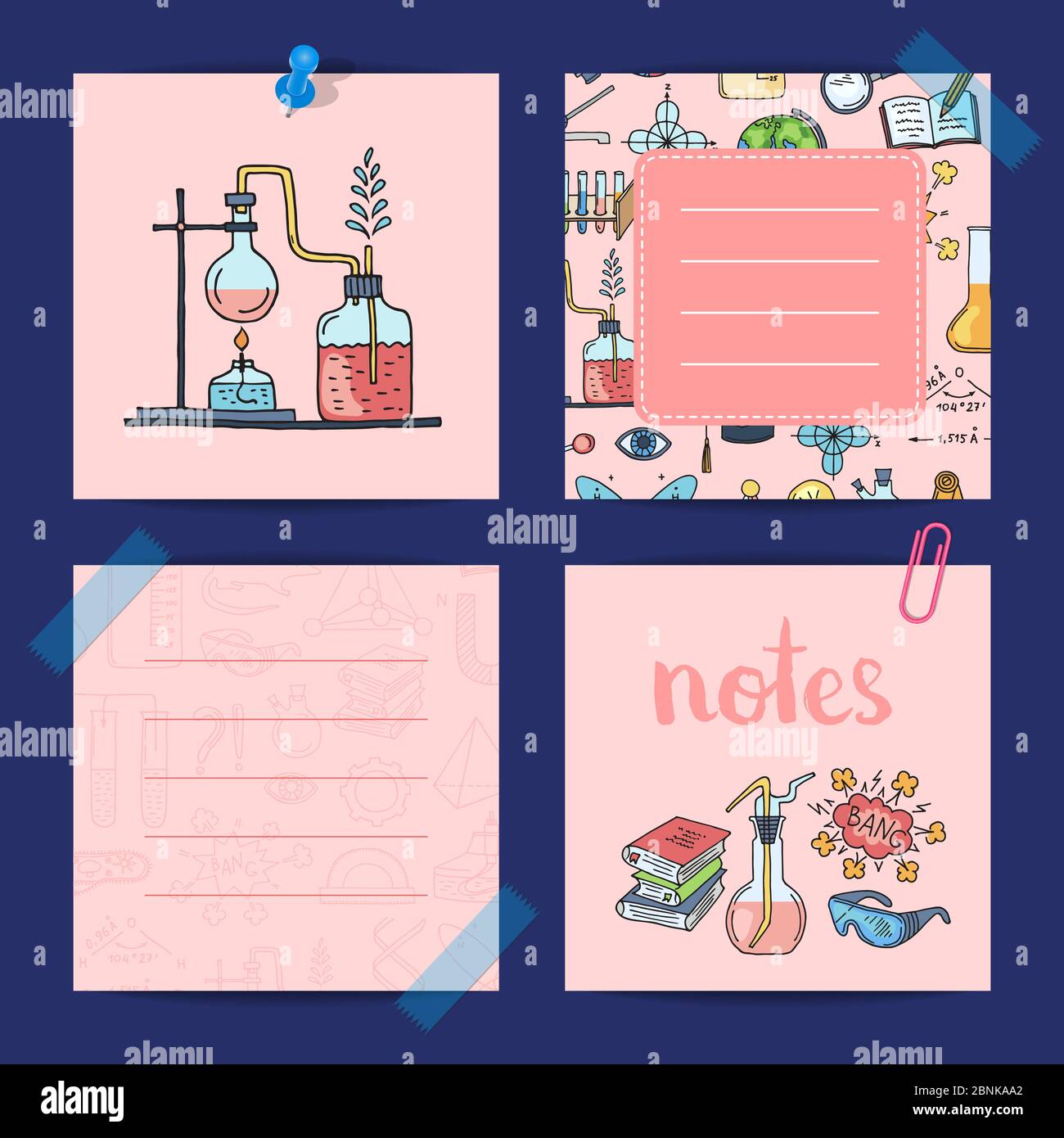 Vector notes templates set with sketched science or chemistry elements ...