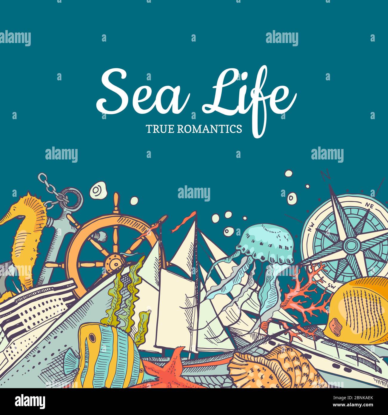 Vector sketched sea elements in color background with place for text ...