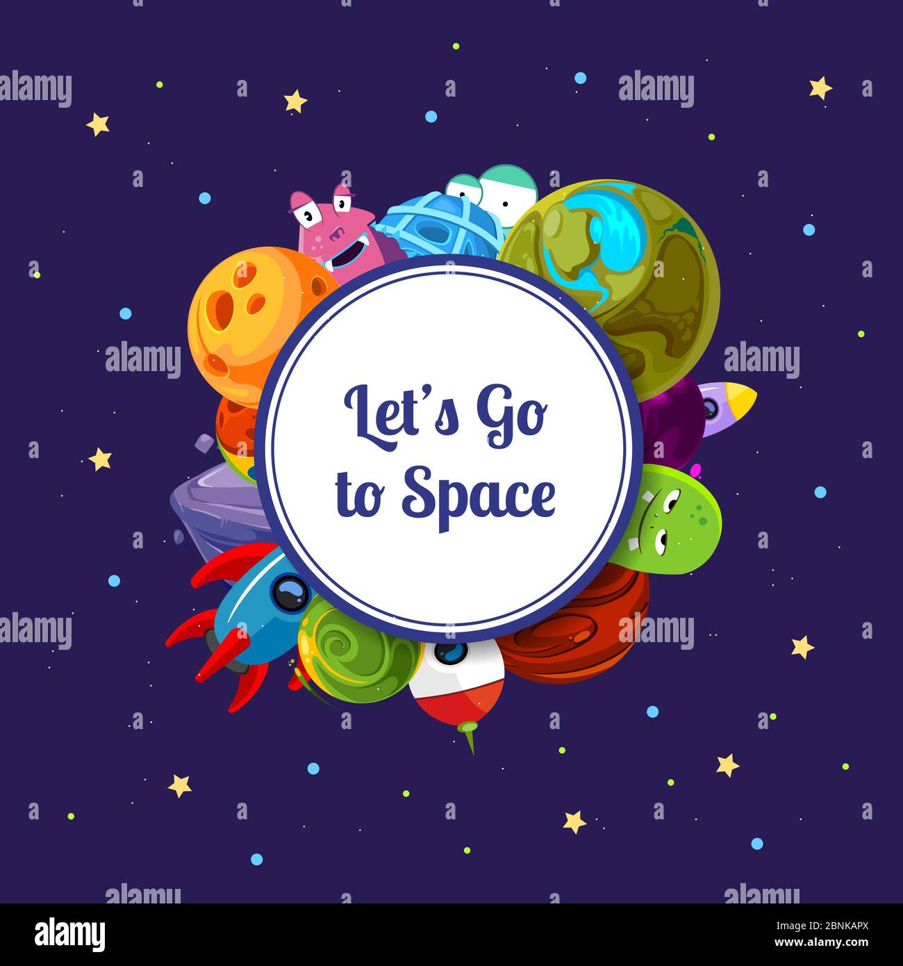 Vector cartoon space planets and ships under circle with place for text ...