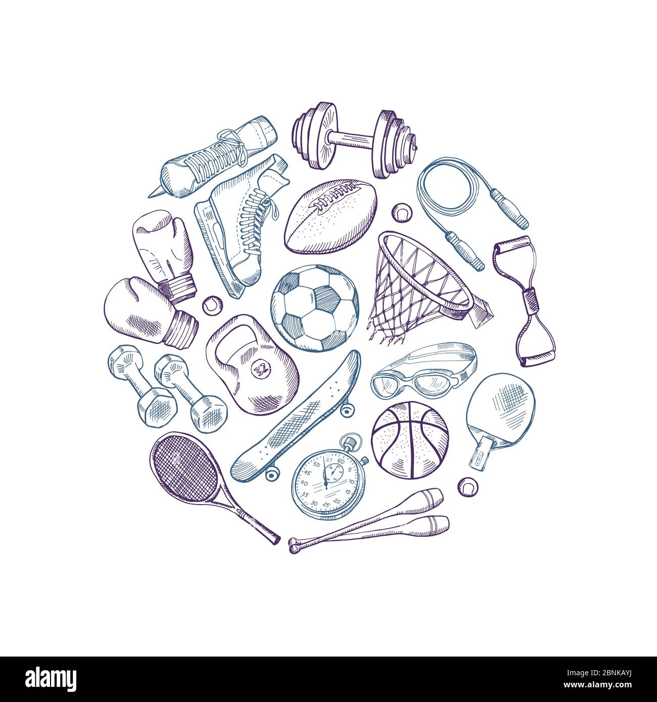 Vector hand drawn sports equipment elements circle concept illustration ...