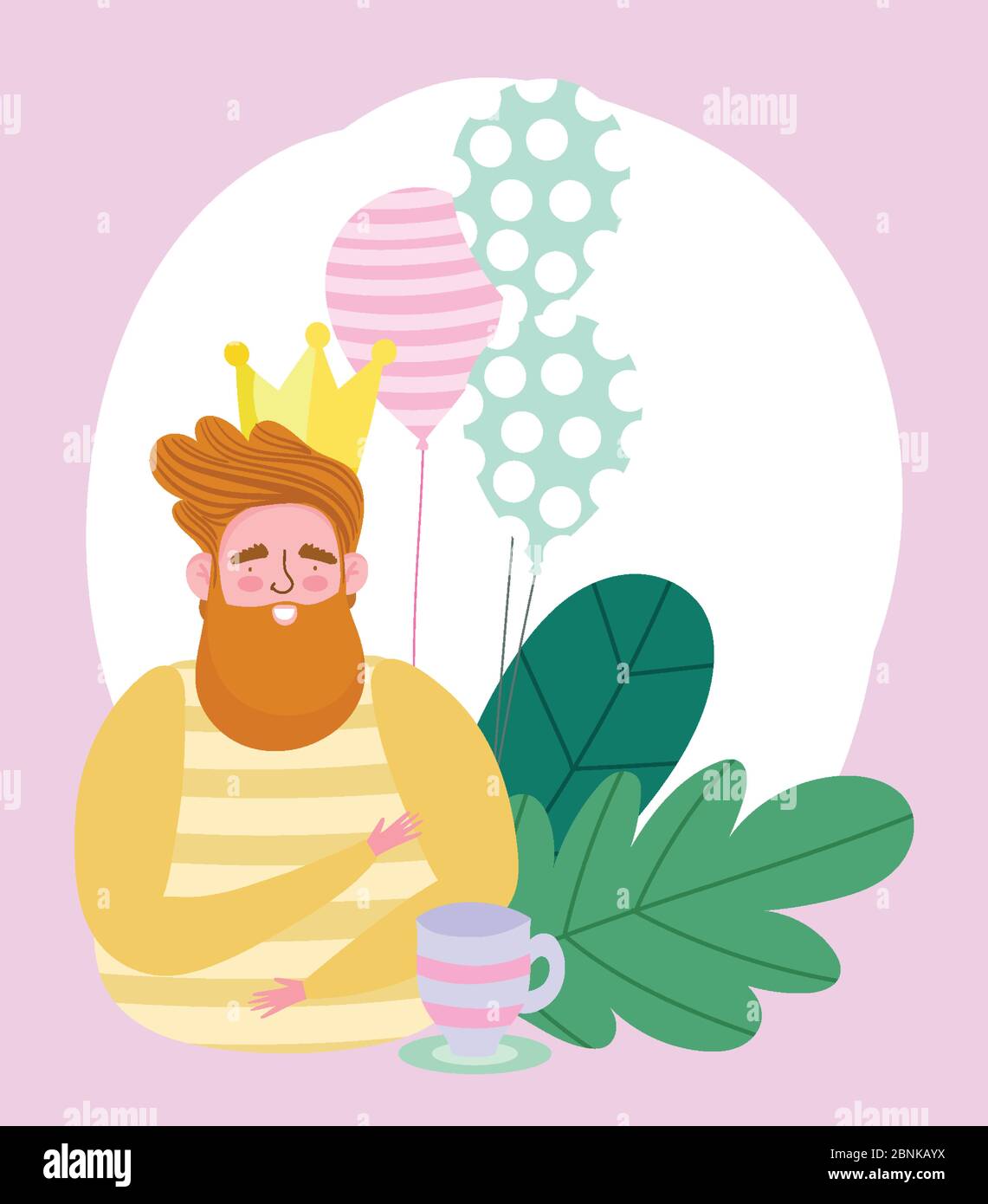 happy fathers day, dad character with crown and balloons and coffee cup ...