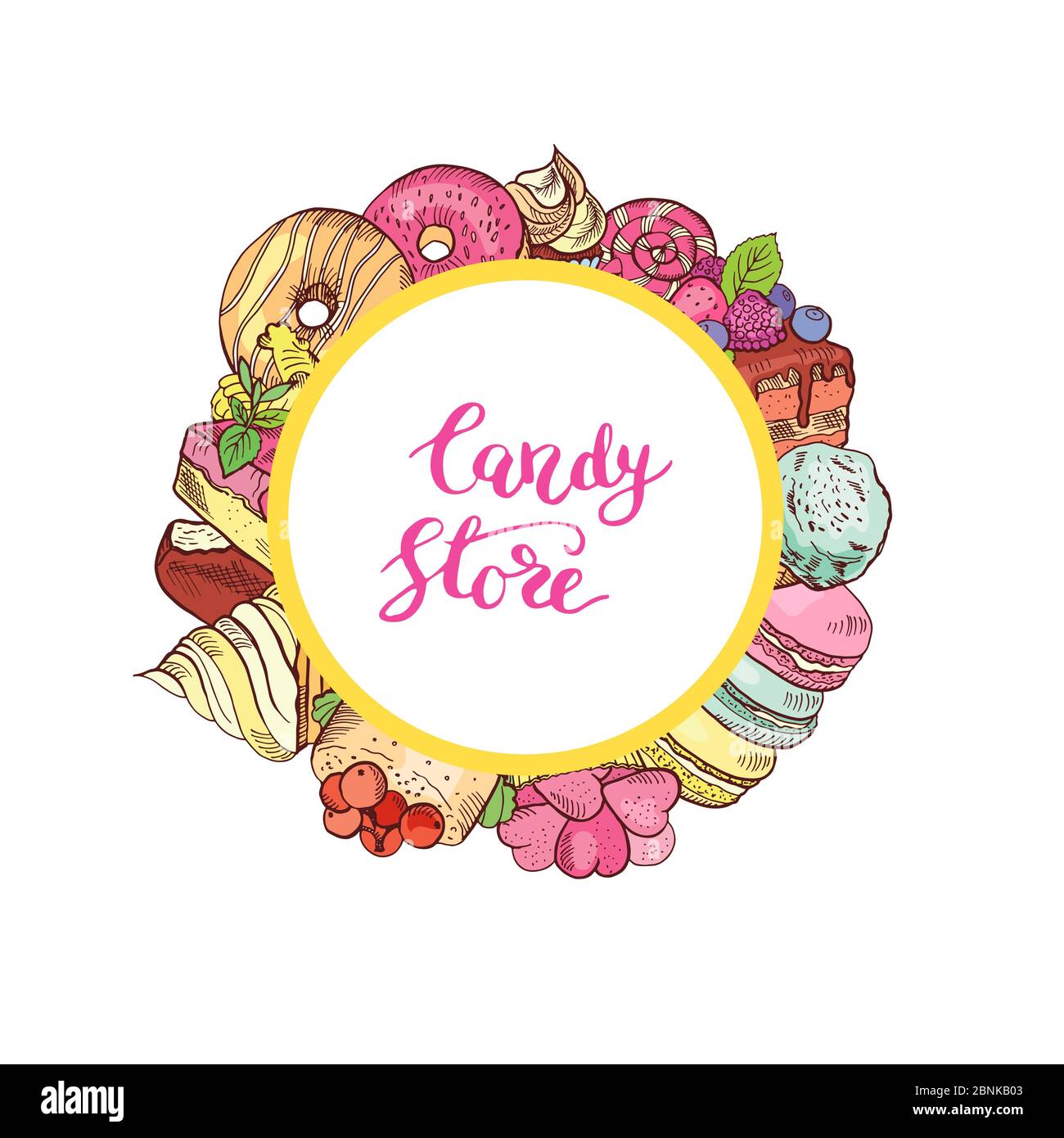 Vector hand drawn colored sweets around circle with place for text ...