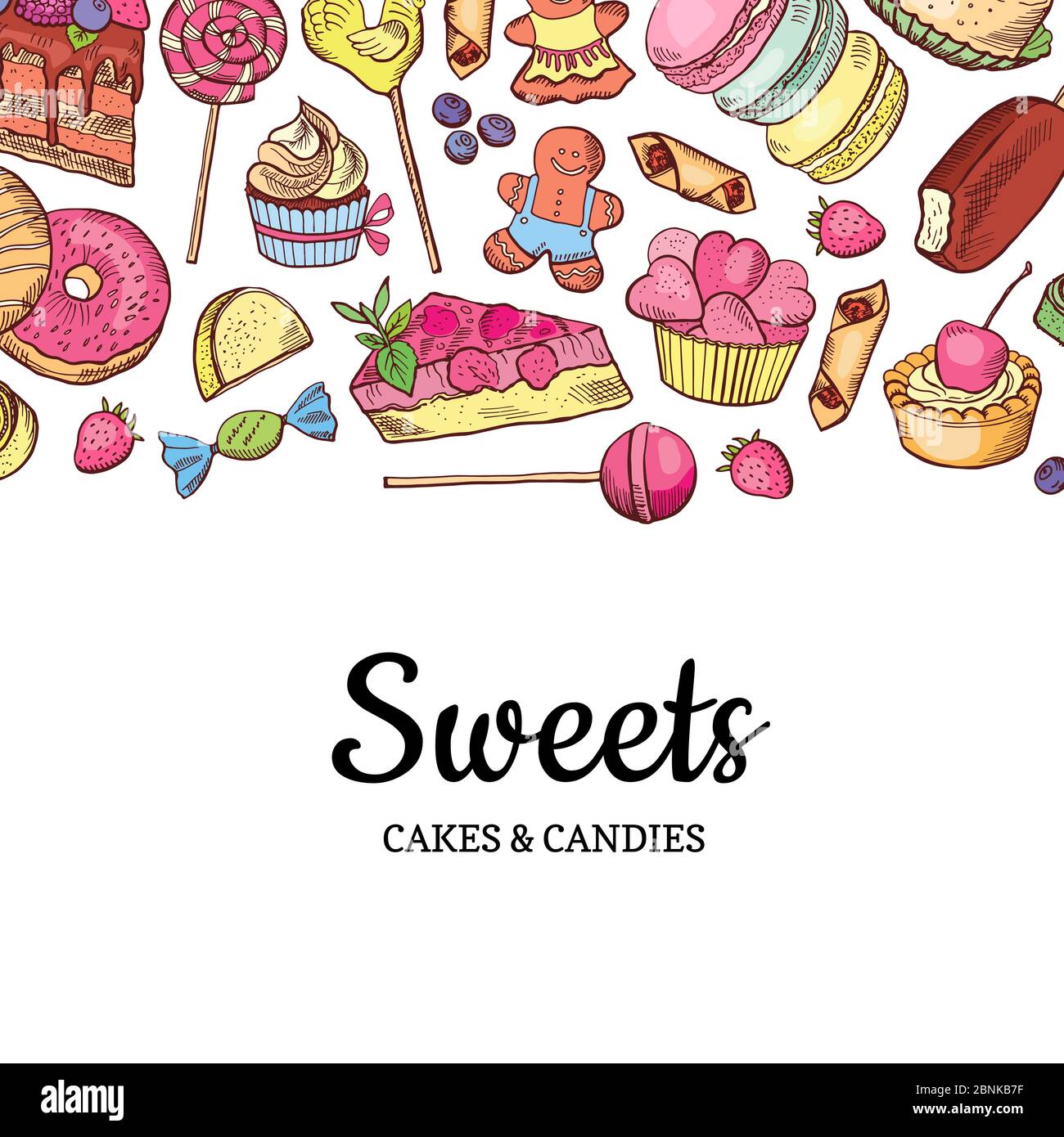 Vector hand drawn colored sweets shop or confectionary background Stock ...