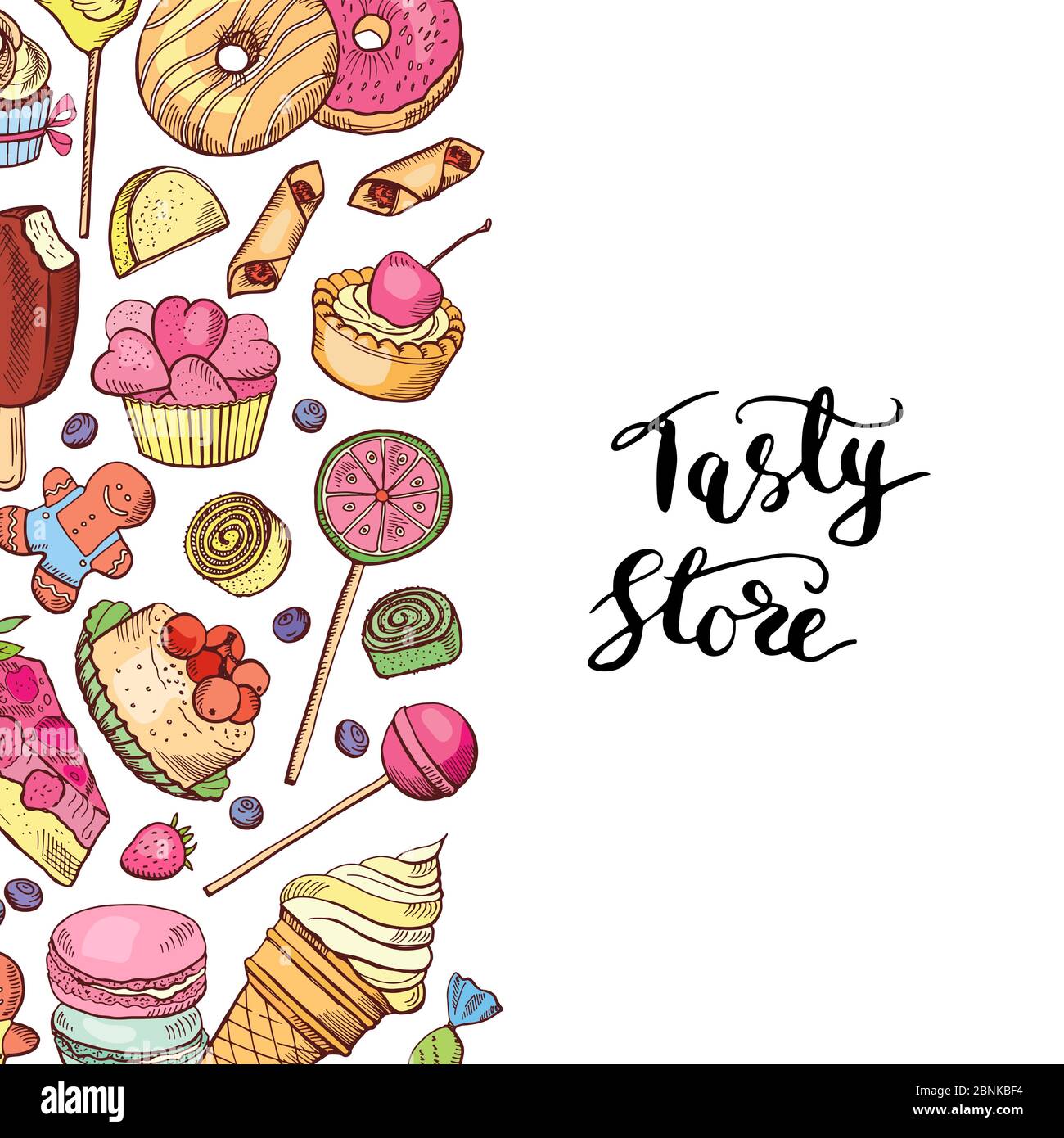 Vector hand drawn colored sweets shop or confectionary Stock Vector ...