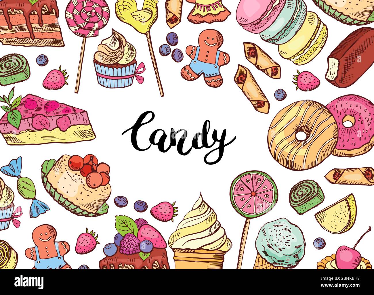 Vector hand drawn colored sweets horizontal background illustration ...