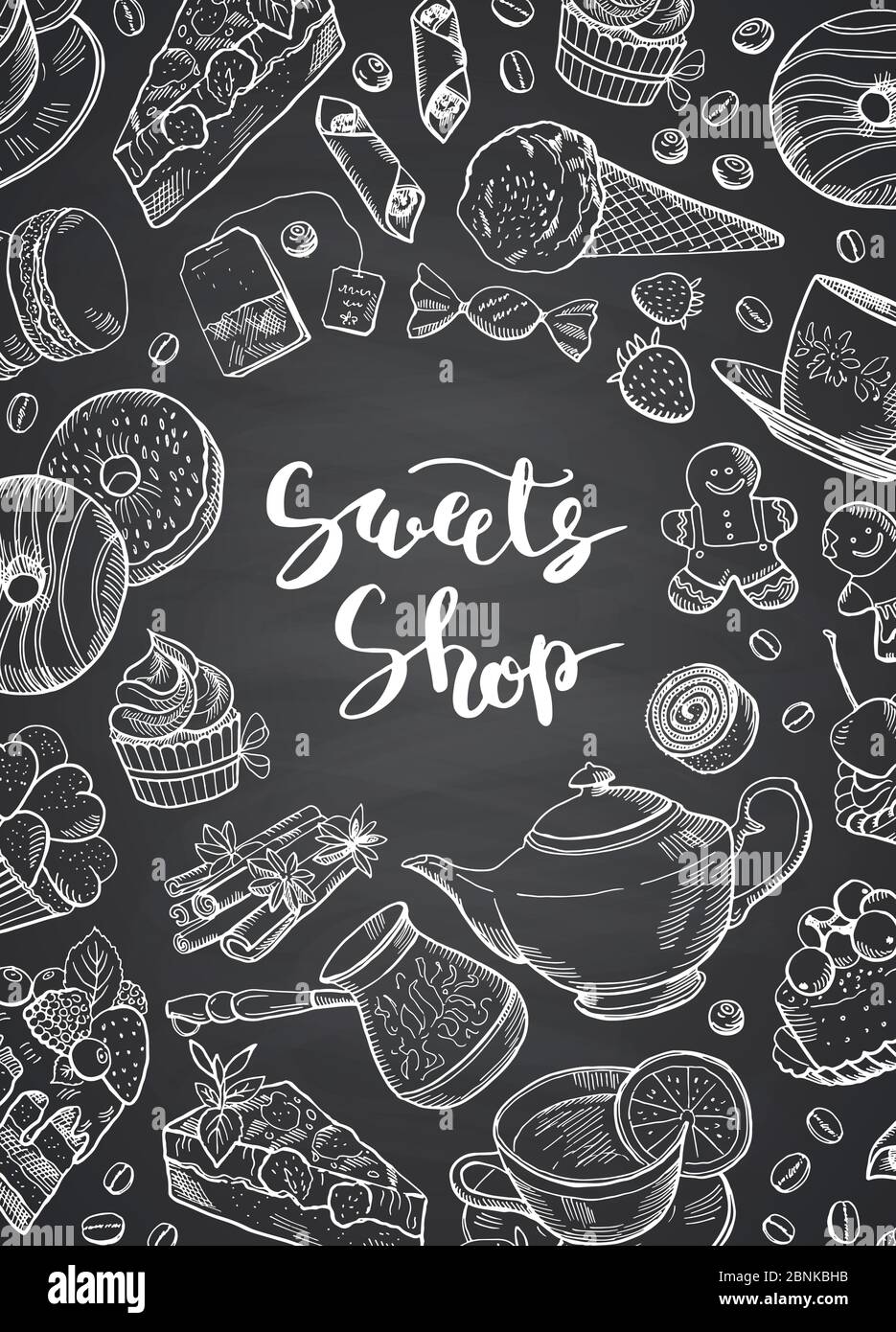 Vector hand drawn contoured sweets on chalkboard poster illustration ...
