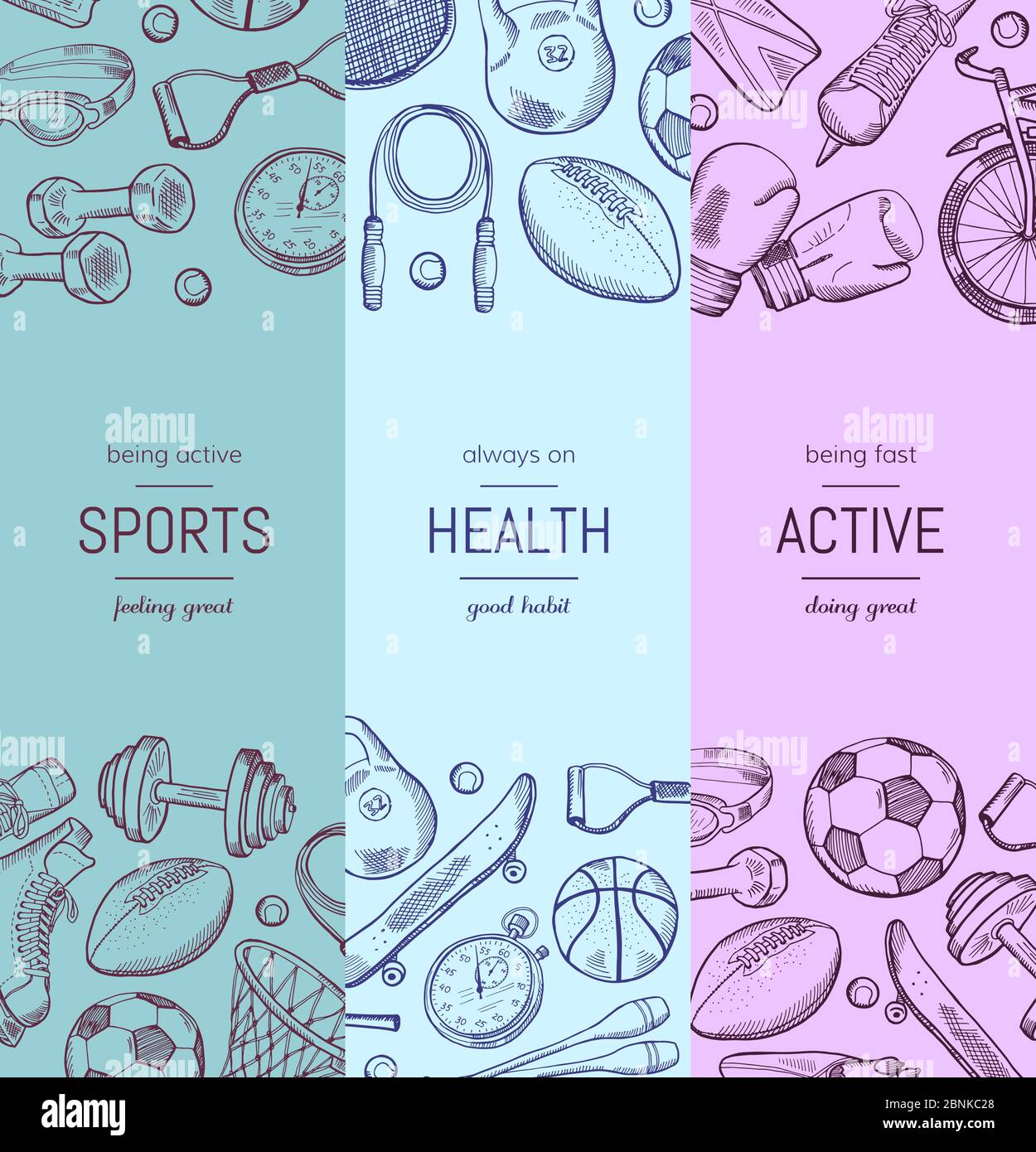 Vector hand drawn sports equipment vertical banner templates Stock ...