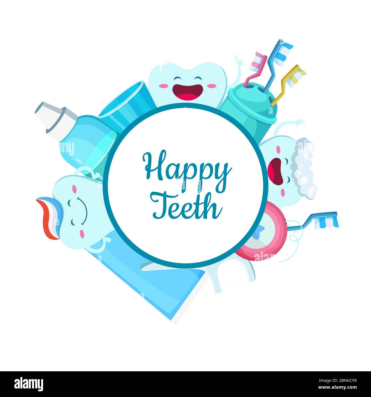 Vector cartoon teeth hygiene elements around circle with place for text ...