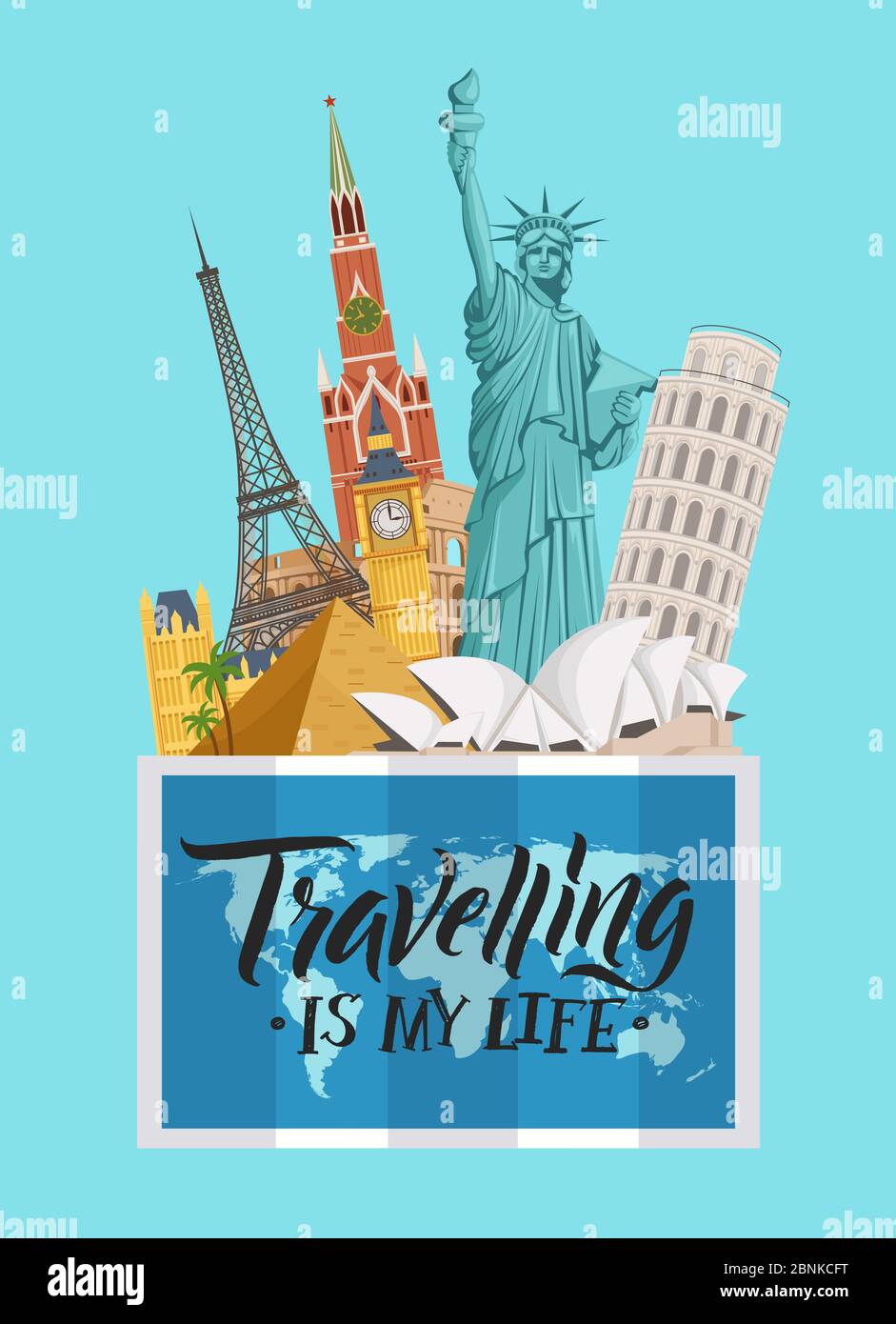 Vector vertical concept illustration with worldwide sights above world ...