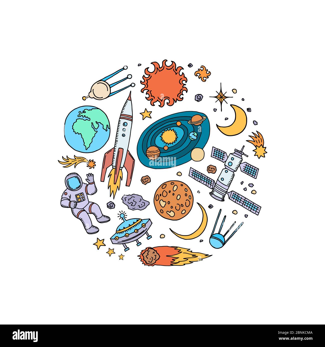 Vector hand drawn space elements in circle shape illustration Stock ...