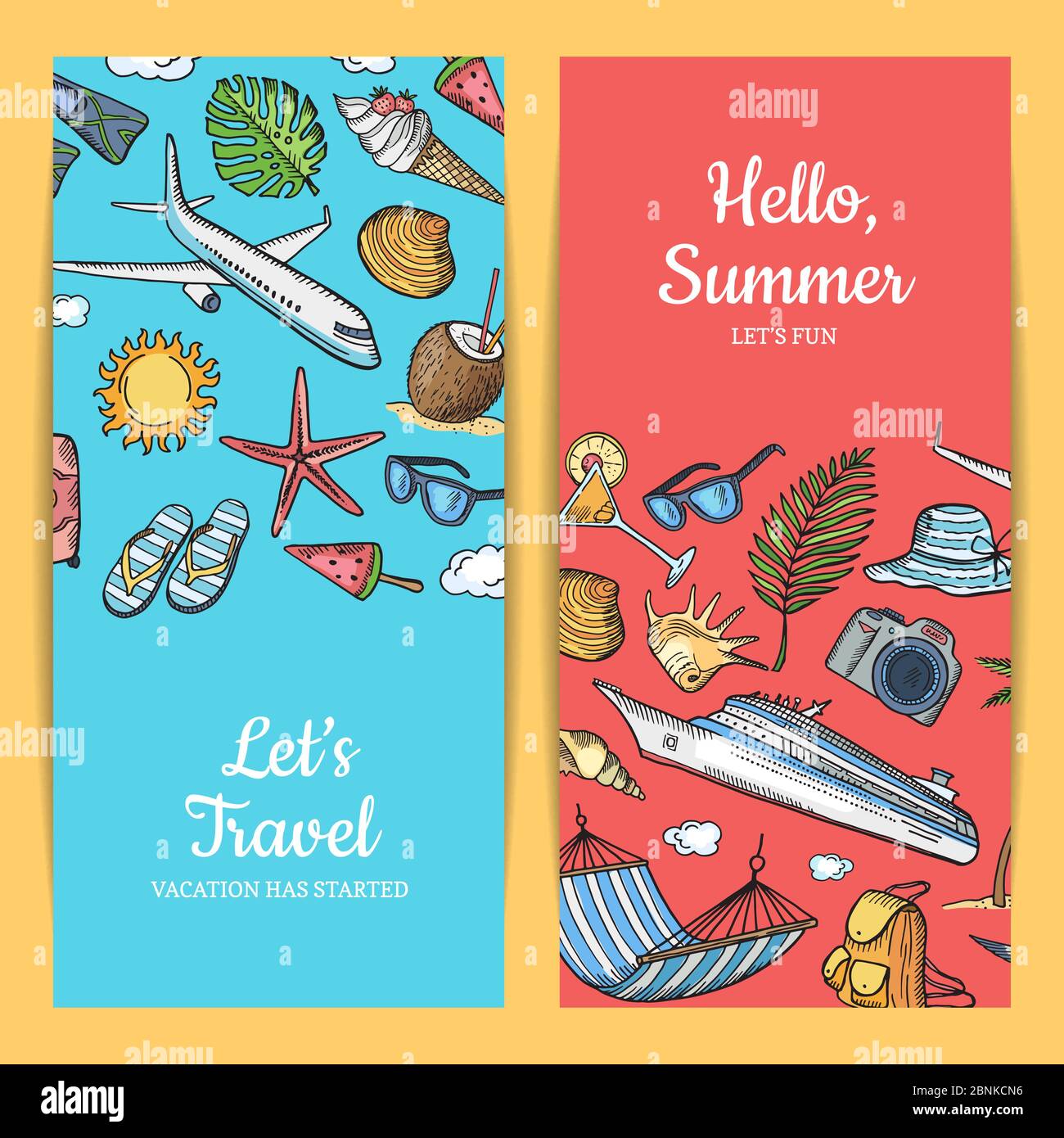 Vector hand drawn summer travel elements banners illustration Stock ...