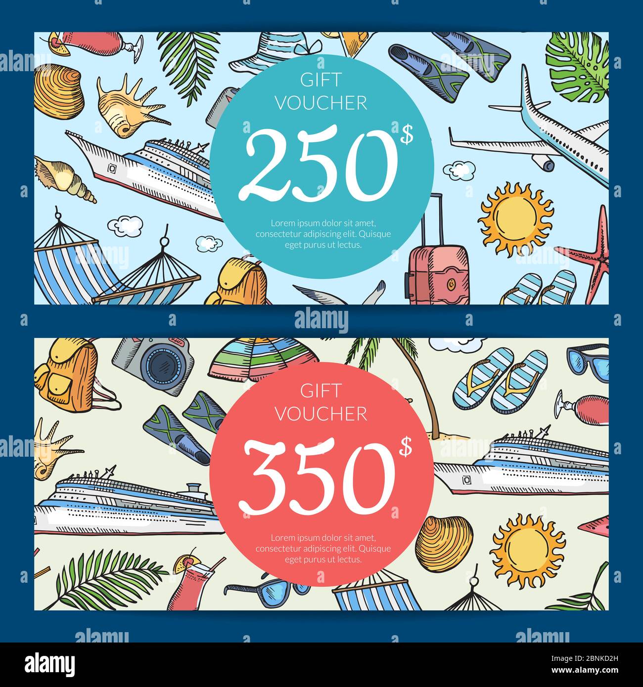 Vector hand drawn summer travel elements discount or gift card voucher ...