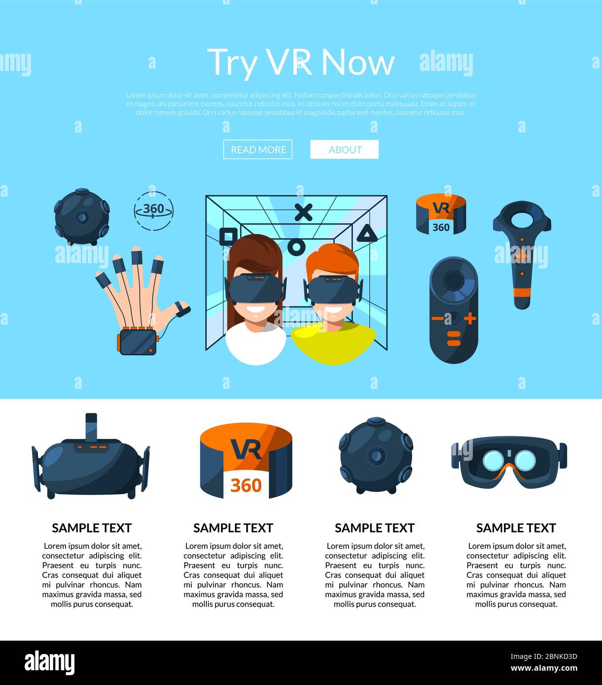 Vector website page template with flat style virtual reality elements ...