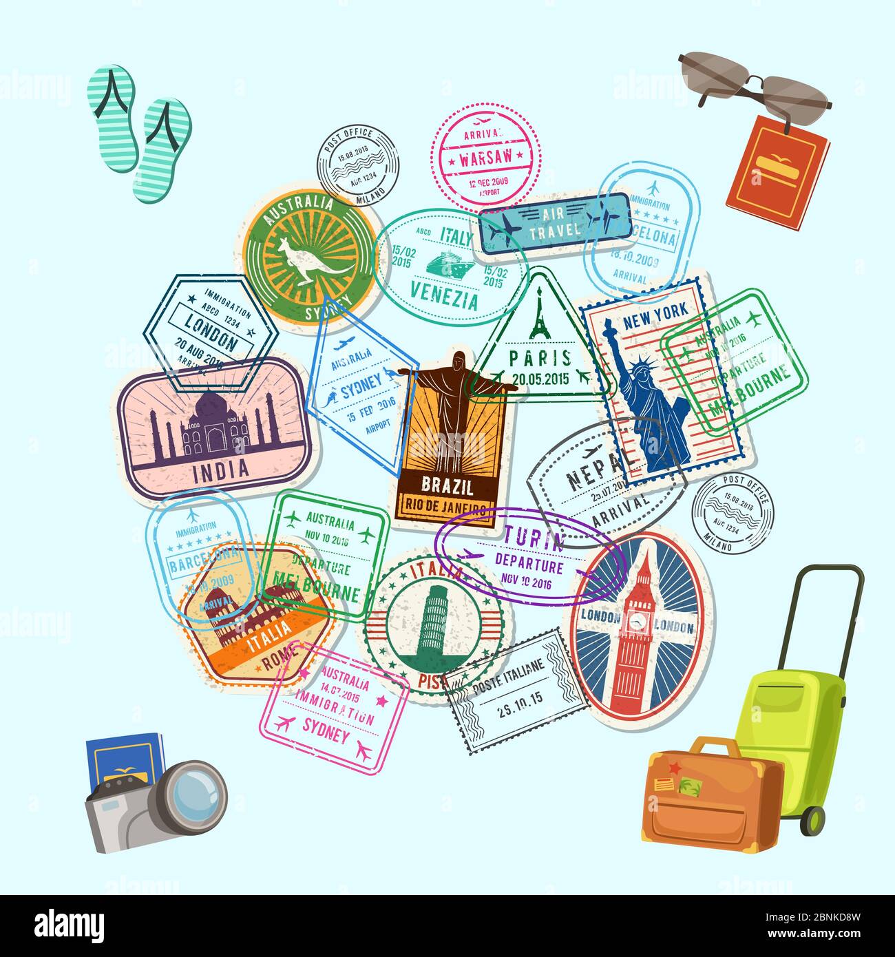 Vector concept illustration with post marks and immigration stamps all ...