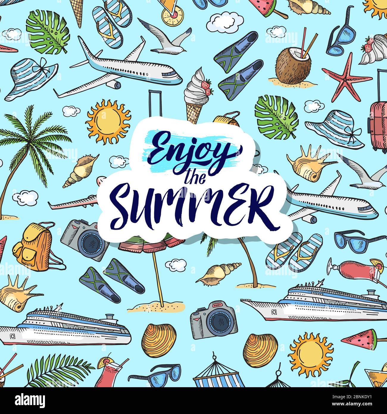 Vector hand drawn summer travel elements background with place for text ...