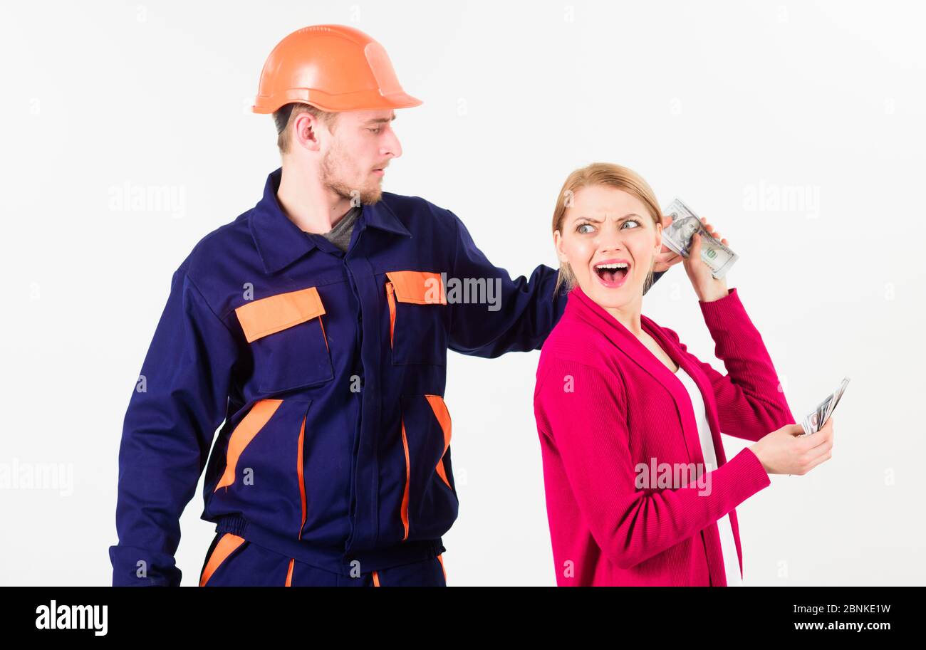 High bills concept. Woman client pay to man in helmet, isolated on ...