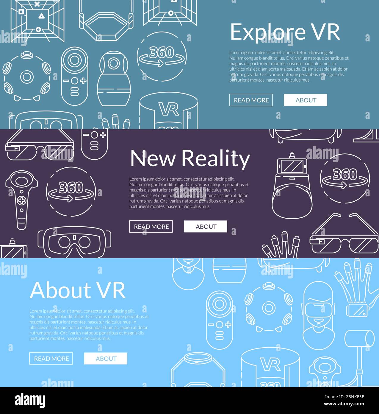 Vector banners illustration with linear style virtual reality elements ...