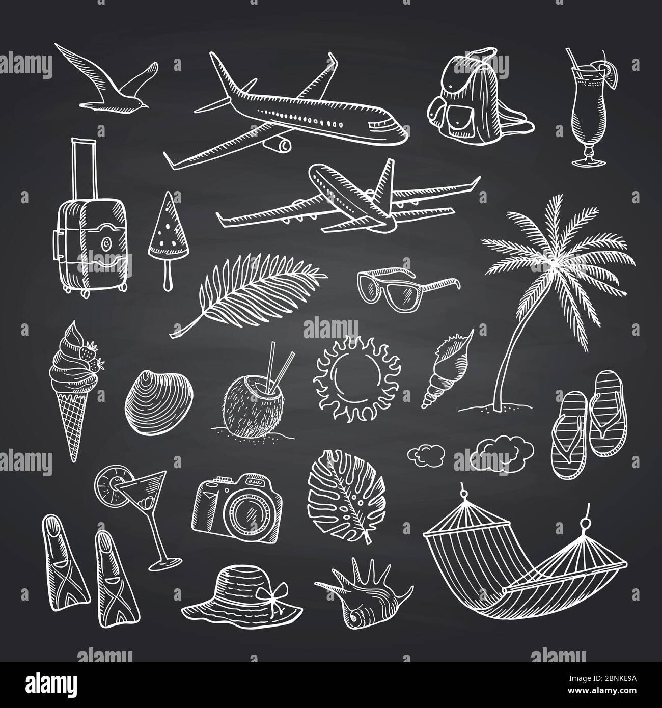 Vector summer travel elements on black chalkboard illustration Stock ...