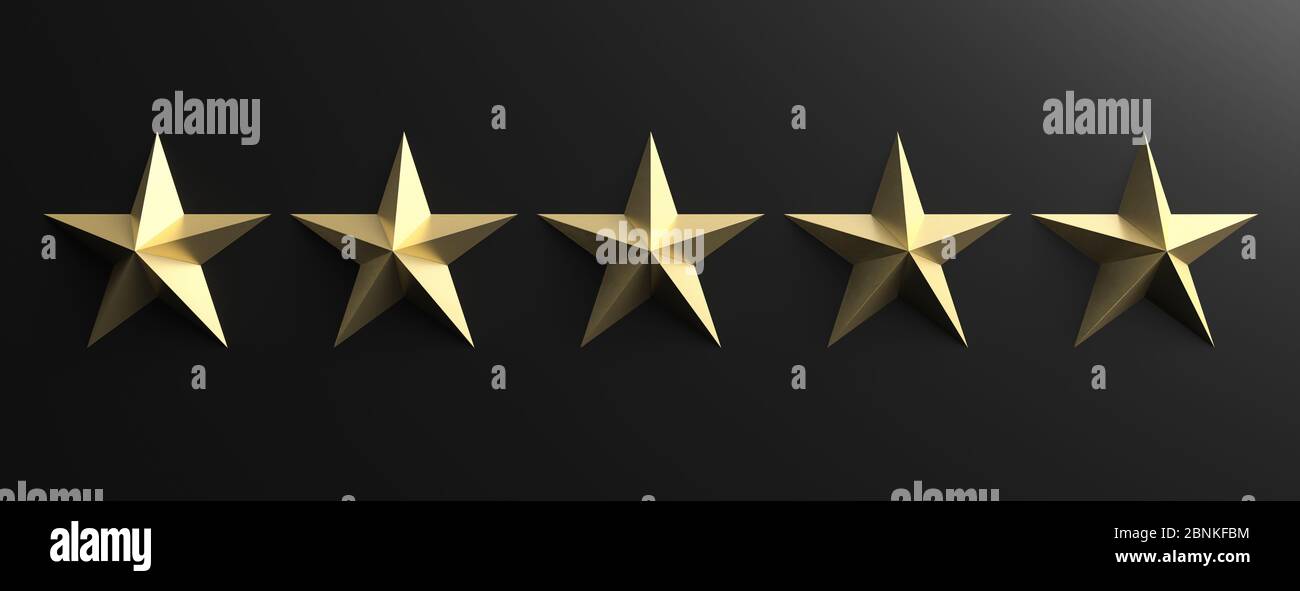 5 stars gold color sign. Shiny brass five stars on black background ...