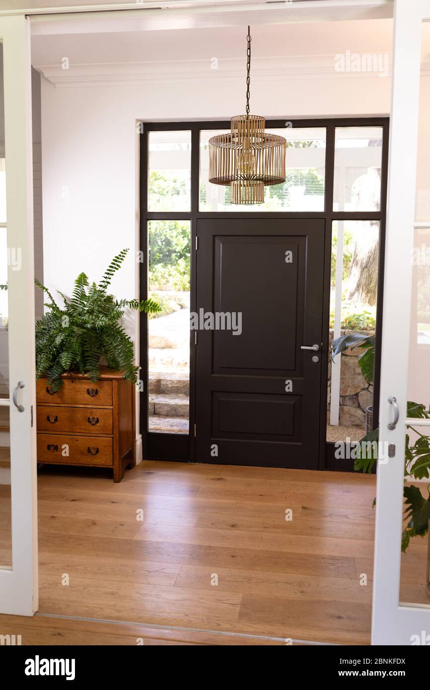 The insides of a house with a hallway and a closed front door Stock ...