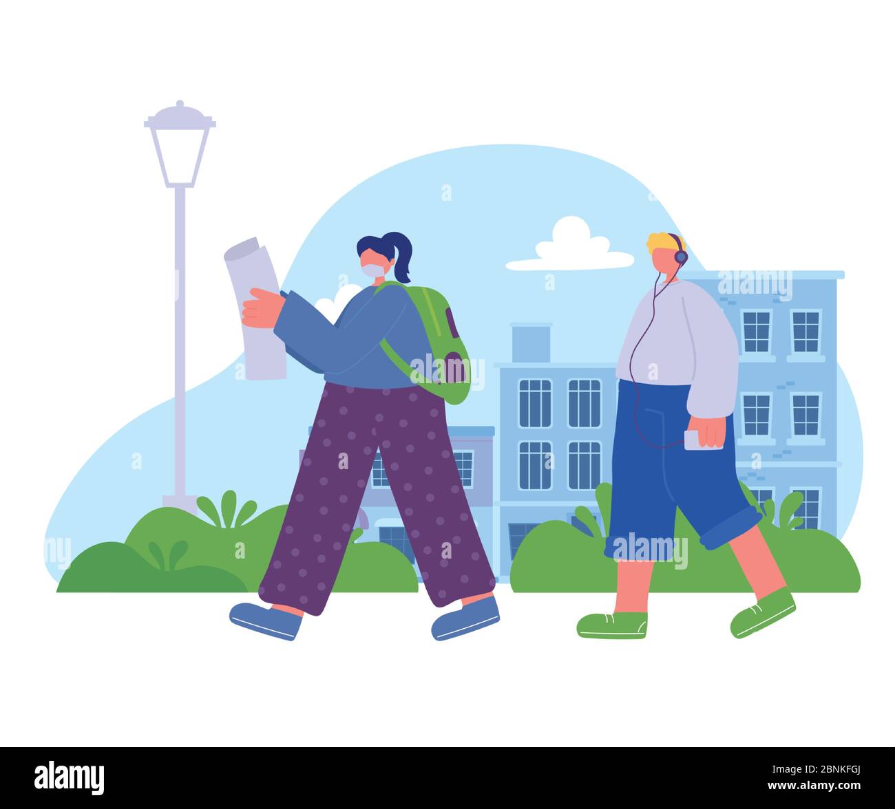 girl reading map and boy listening music walking in the street vector ...