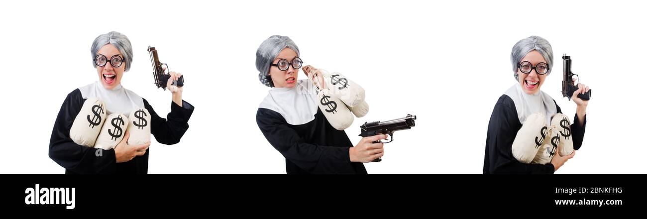 The comic nun isolated on white Stock Photo - Alamy