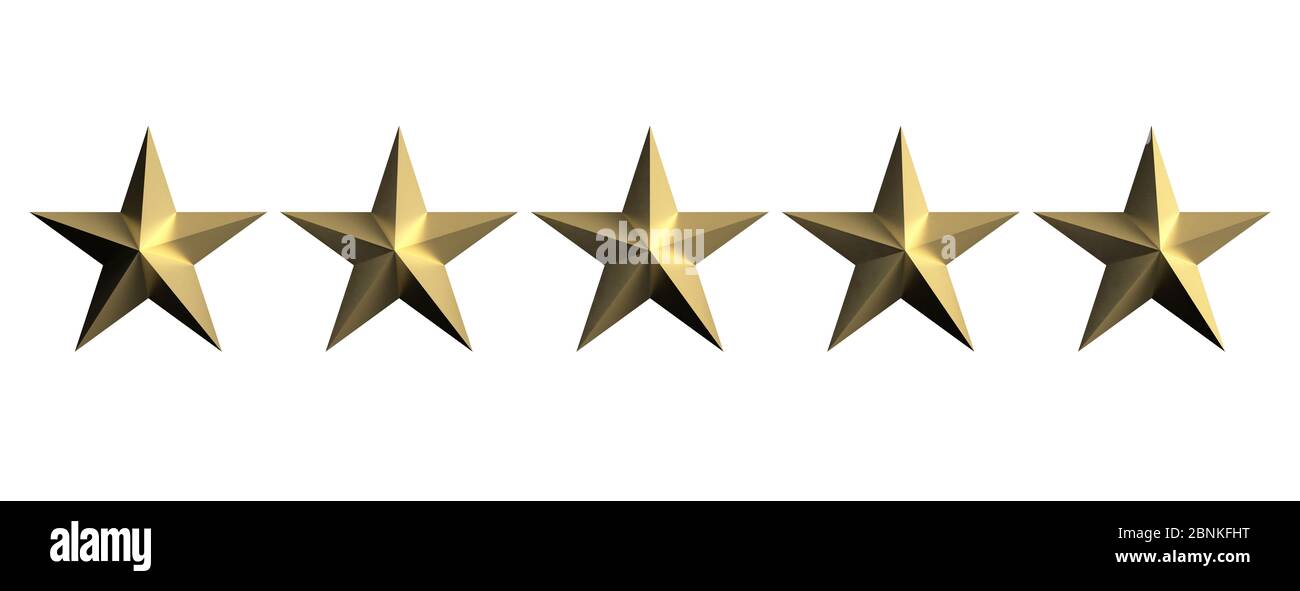 5 stars gold color sign. Shiny brass five stars isolated on white ...